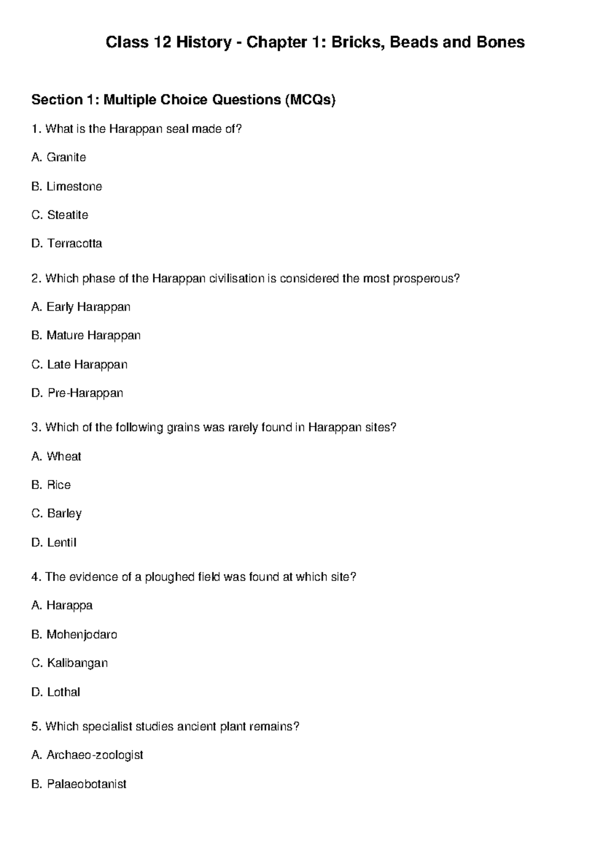 Class 12 History Chapter 1: MCQs and Questions on Harappan Civilization ...