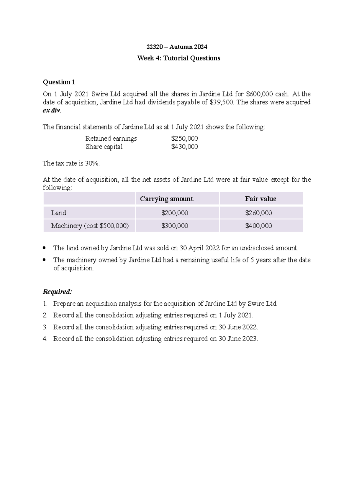 22320 Tutorial Questions Week 4 Analysis & Consolidation Adjustments ...