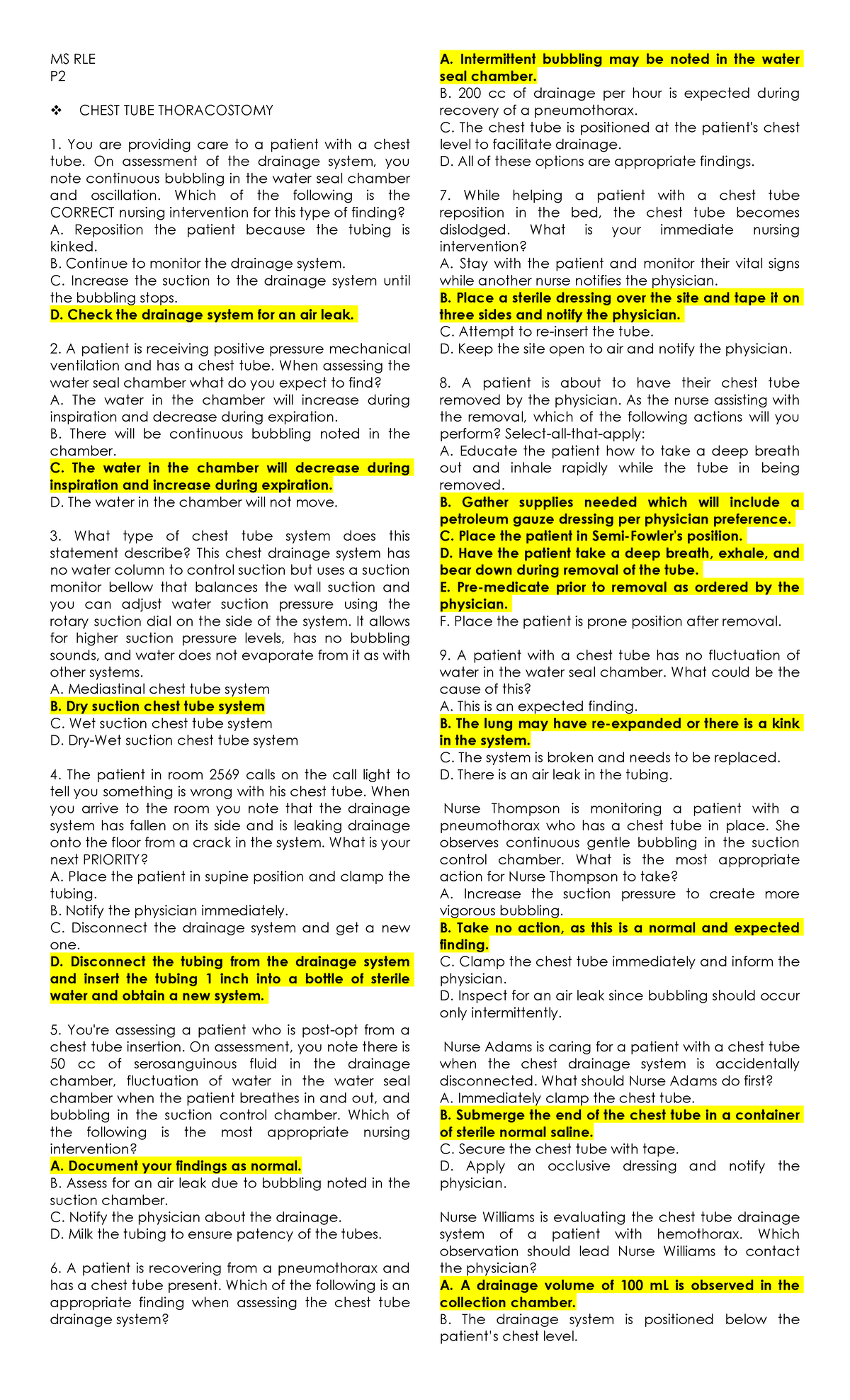 P2 - MS RLE - Chest Tube Management Practice Questions - Studocu