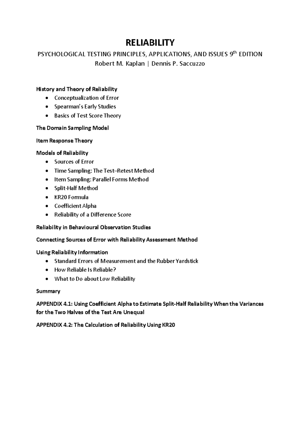 Chapter 4: Reliability in Psychological Testing (Kaplan & Saccuzzo ...