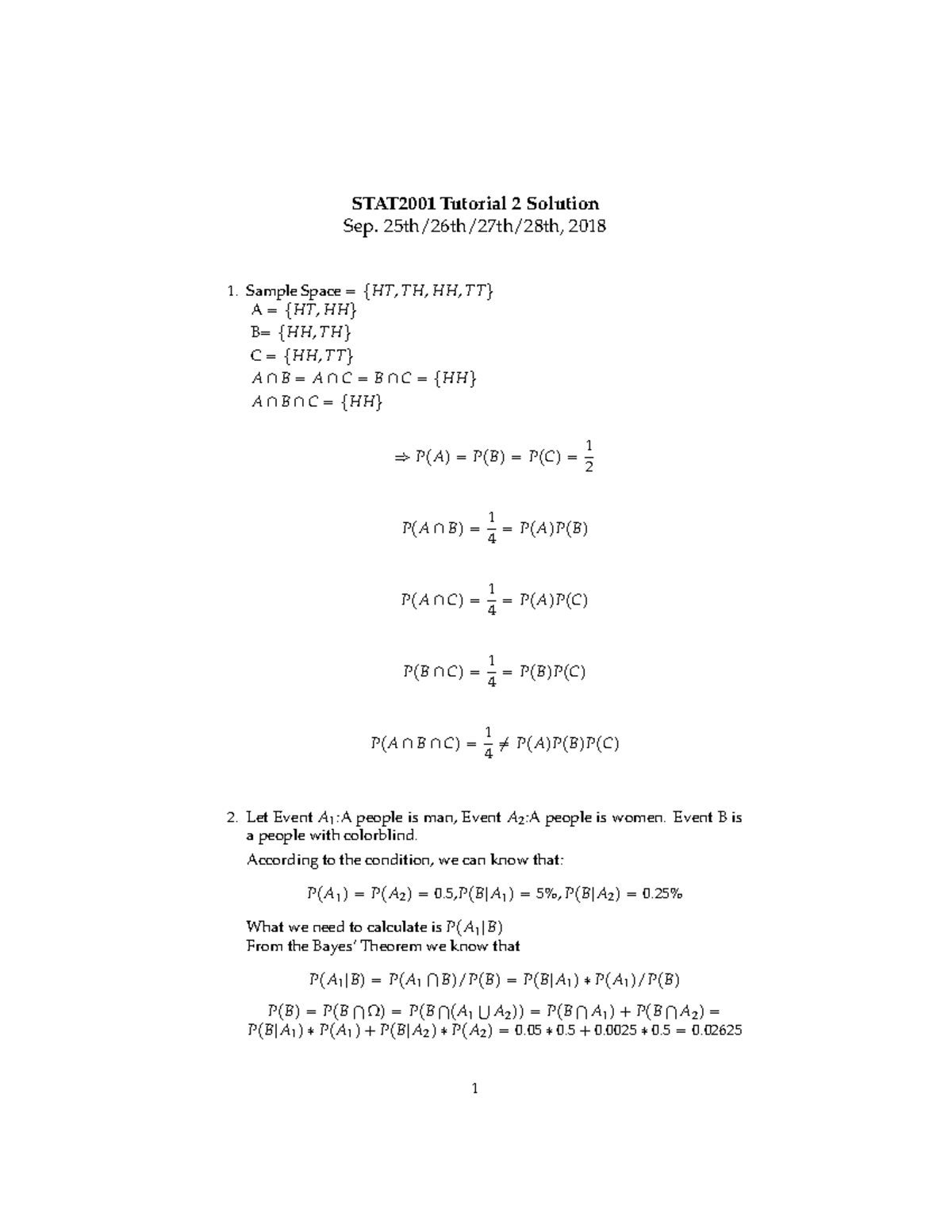 Tutorial Solution 2 - STAT2001 Tutorial 2 Solution Sep. 25th/26th/27th ...