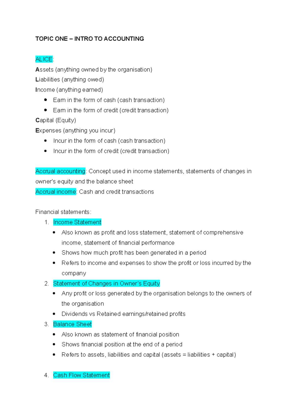ACFI1001 MID SEM Notes - TOPIC ONE – INTRO TO ACCOUNTING ALICE: Assets ...