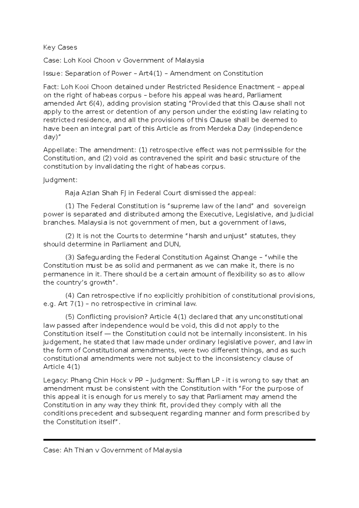 Key Cases in Constitutional Law - Key Cases Case: Loh Kooi Choon v ...
