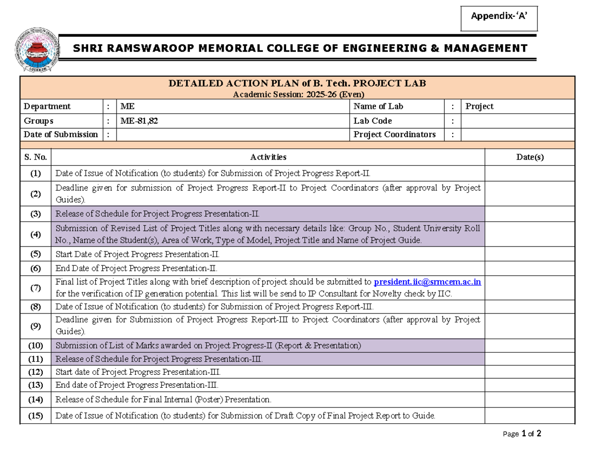 B.Tech. Project Lab Action Plan - SHRI RAMSWAROOP MEMORIAL COLLEGE ...