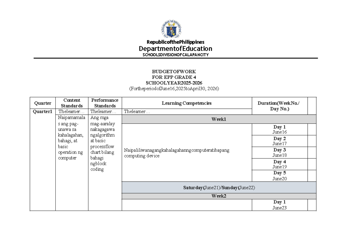 BOW EPP 4: Budget of Work for EPP Grade 4 (June 2025 - April 2026 ...
