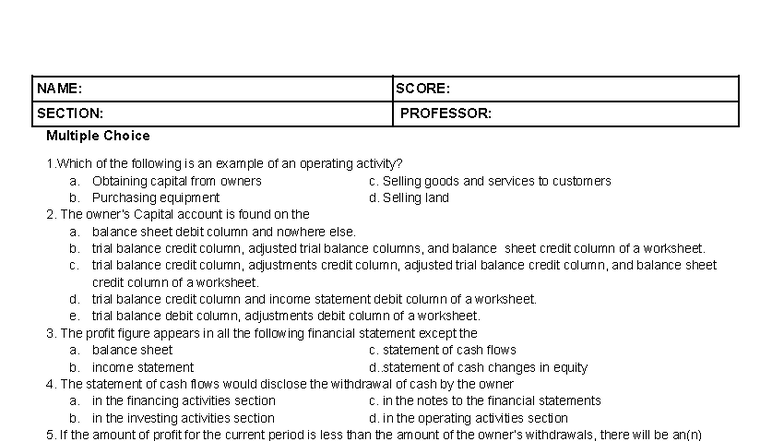 ACC 101: Multiple Choice Exercises on Operating Activities and ...