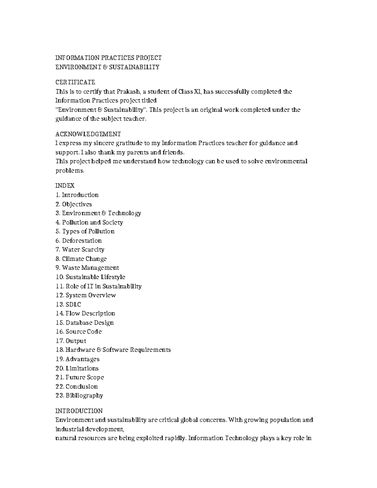 IP Class XI Environment Sustainability Project Report - Studocu