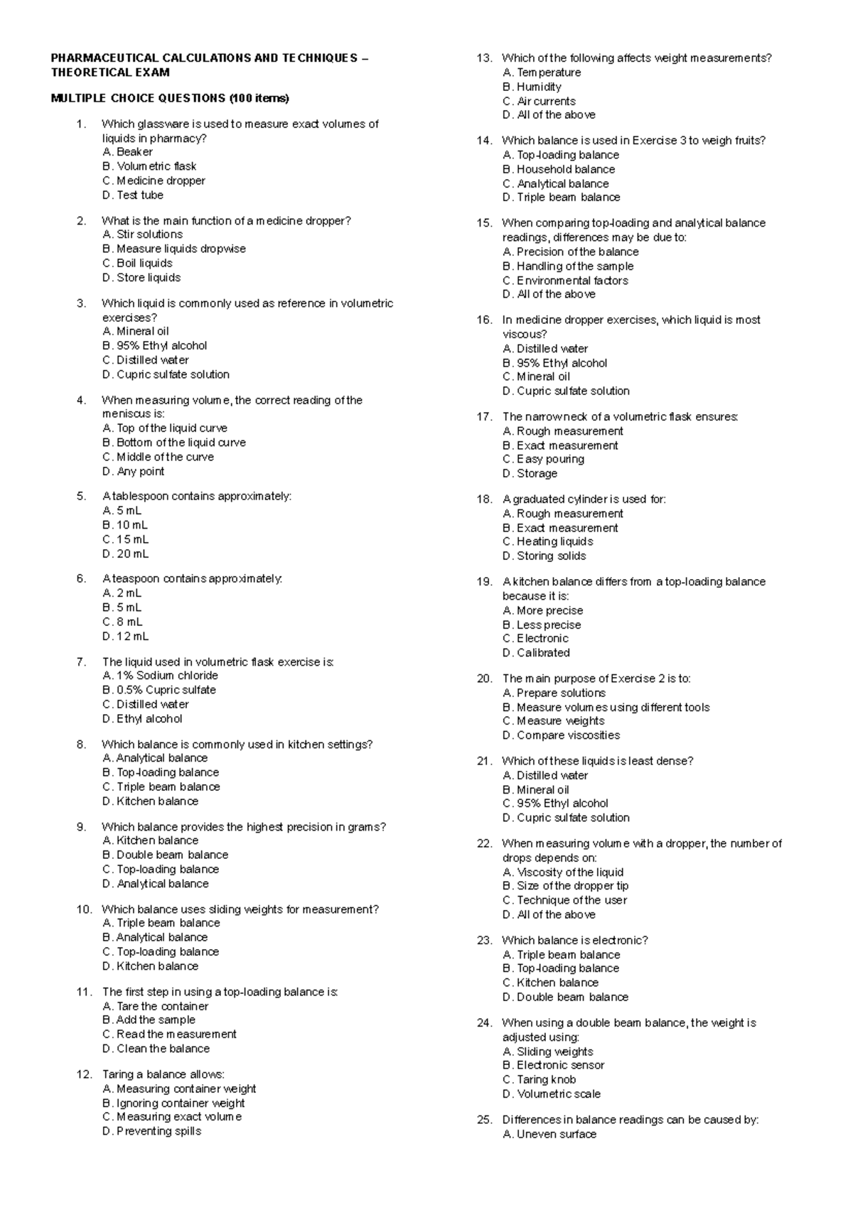 PHARM 101 - Pharmaceutical Calculations Theoretical Exam MCQs - Studocu