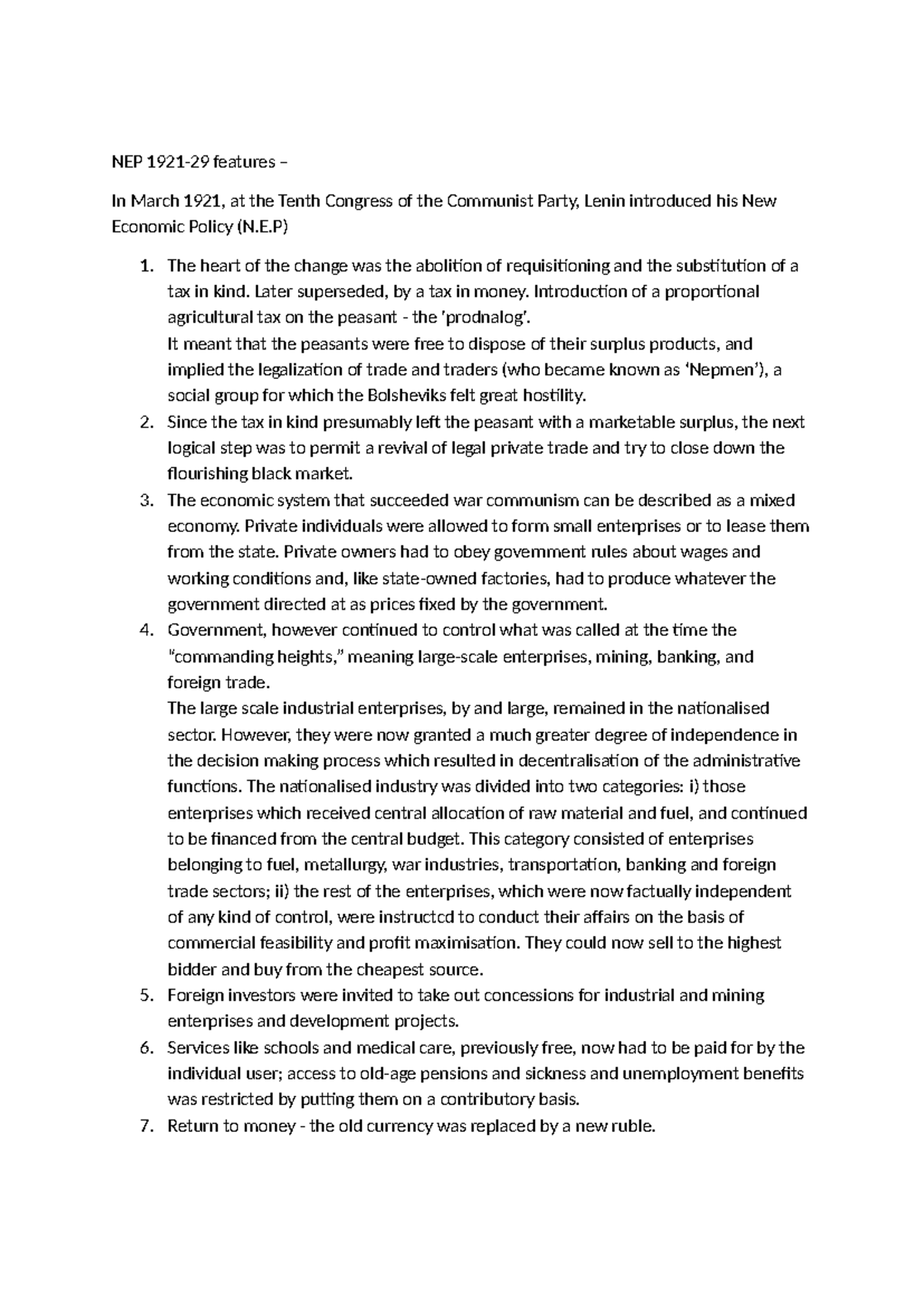 NEP Russia: Overview of Lenin's New Economic Policy (1921) - Studocu