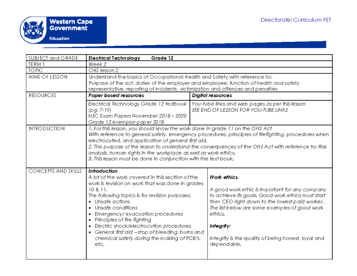 Electrical Technology Grade 12 T1 W2: OHS Lesson Overview and Resources ...