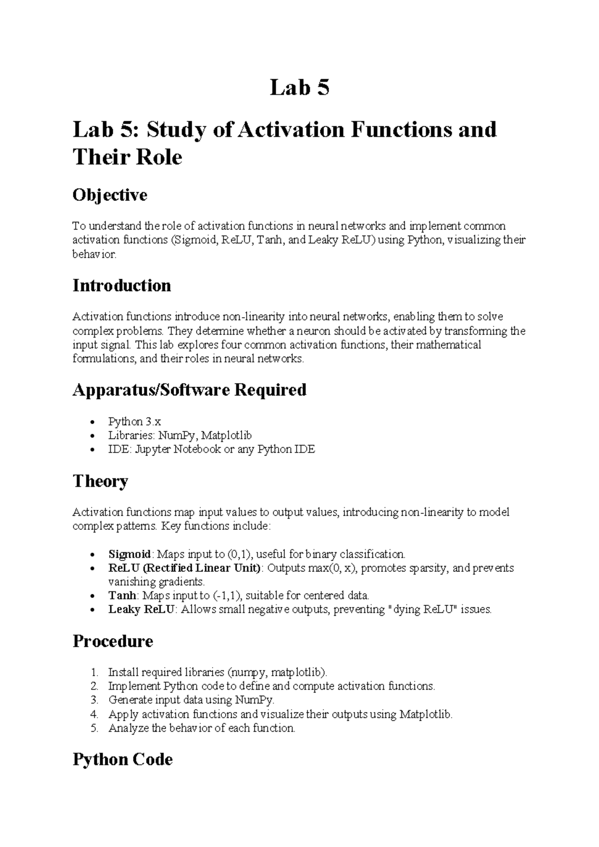 DL Lab 5: Exploring Activation Functions in Neural Networks - Studocu