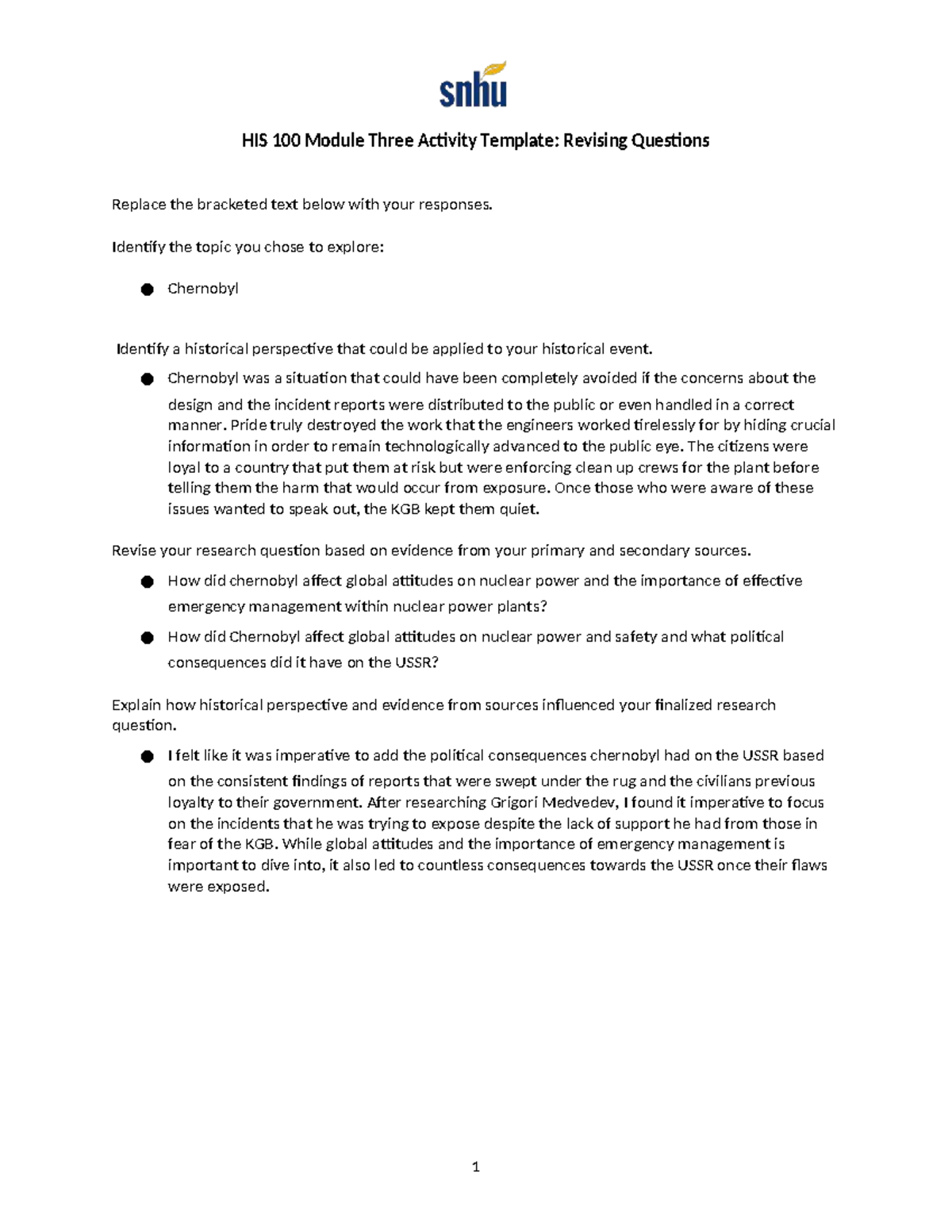 HIS 100 Module Three Activity: Revising Questions on Chernobyl - Studocu