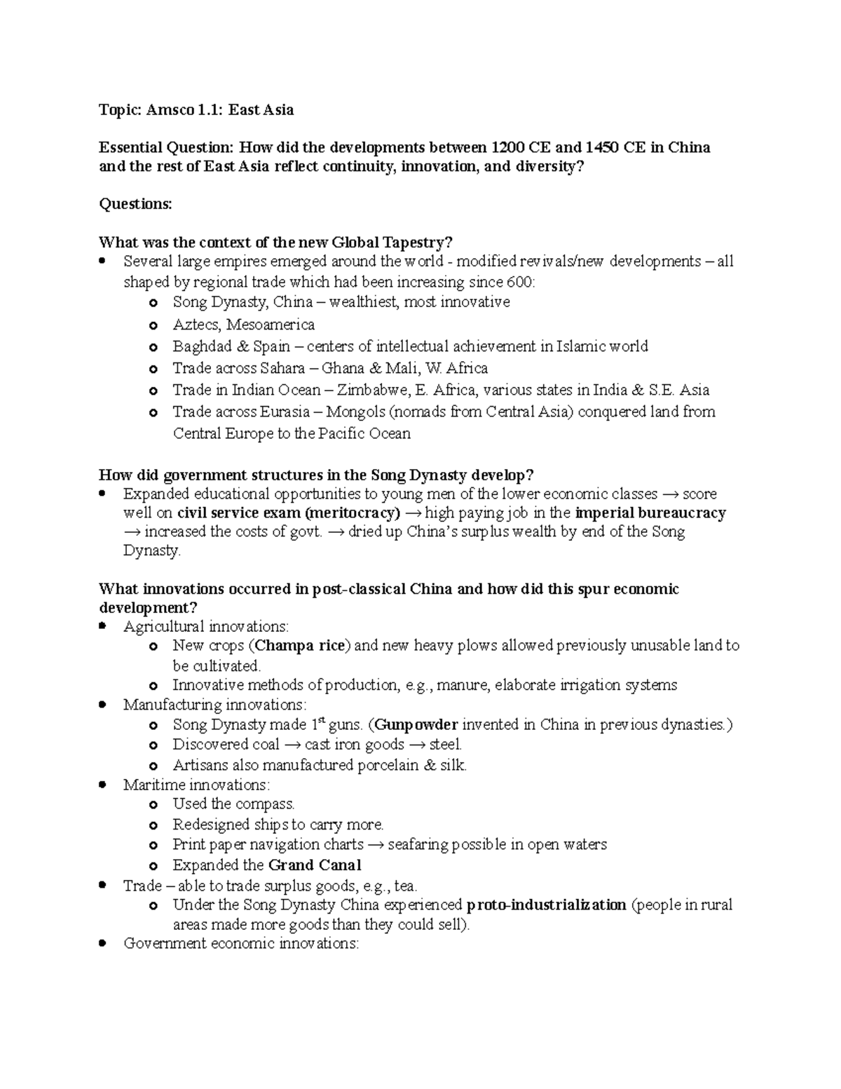 Amsco 1.1: East Asia Developments from 1200 to 1450 CE Notes - Studocu