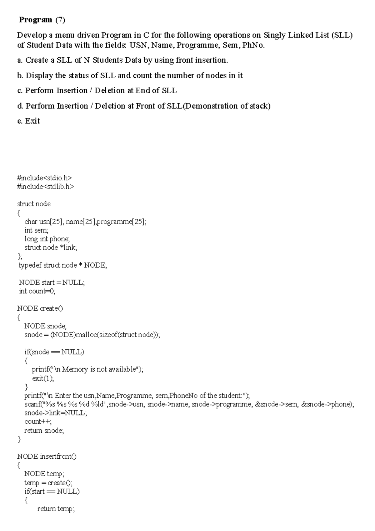 DS-Lab 7: Menu-Driven SLL Operations in C for Student Data - Studocu