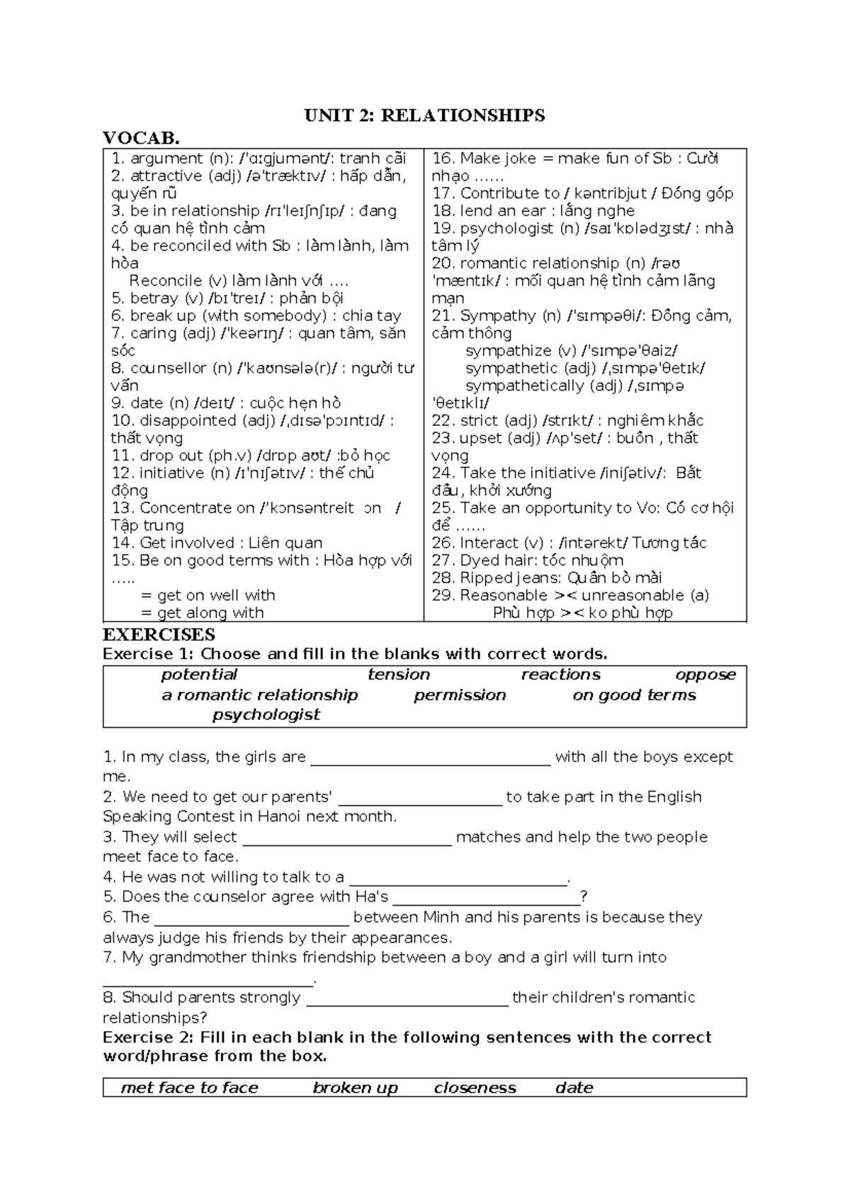 Lop 11 Unit 2 - Vocabulary & Exercises on Relationships - Studocu