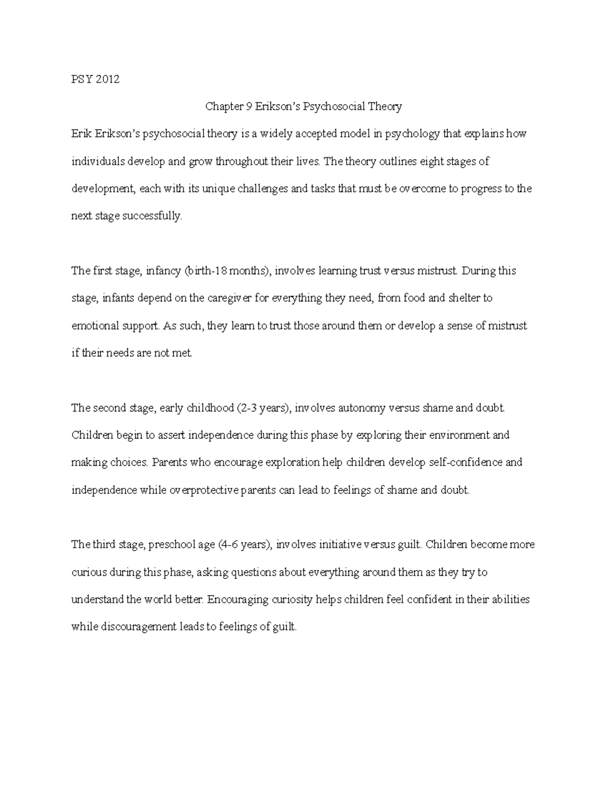 Chapter 9: Erikson’s Psychosocial Development Theory - PSY 2012 - Studocu
