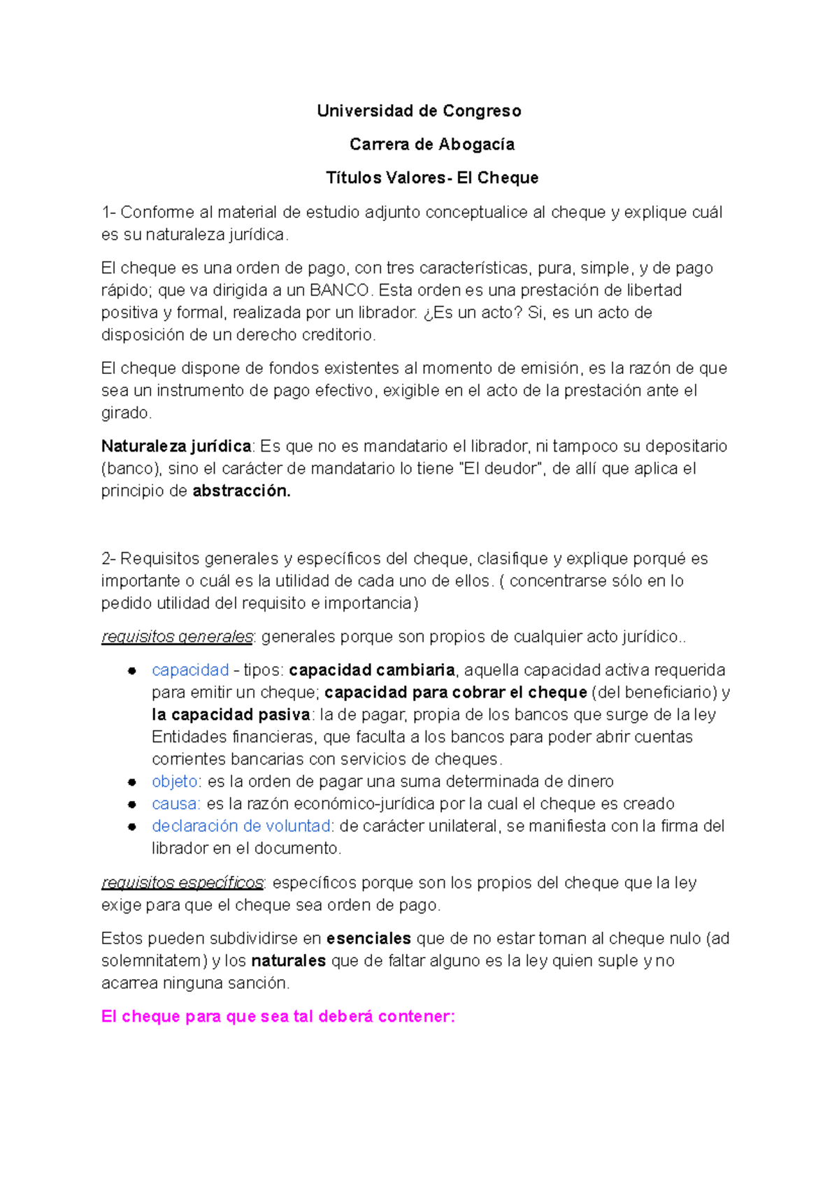 Trabajo sobre Cheques: Conceptos y Requisitos Jurídicos - Abog 101 ...
