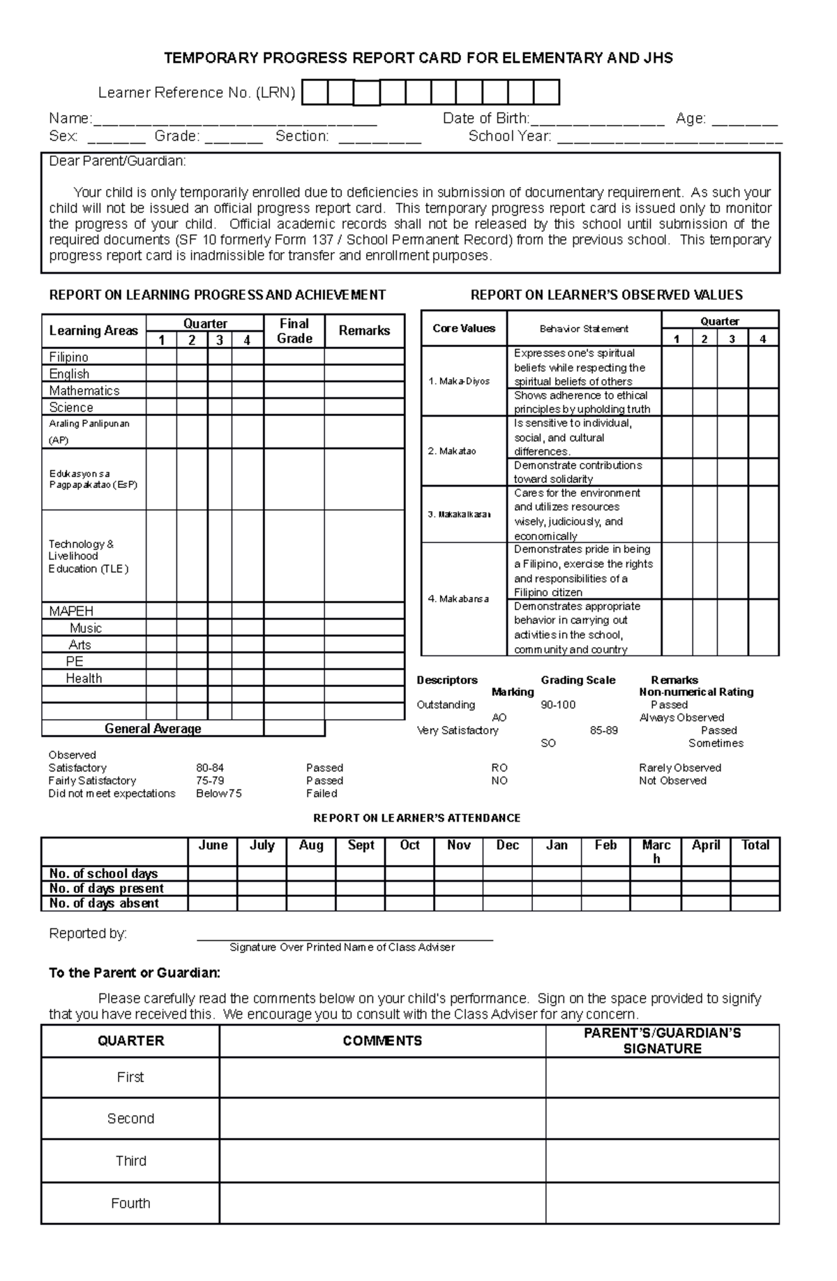 Temporary Progress Report Card for Elementary and JHS - Studocu