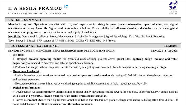 Career Summary of H A Sesha Pramod - 2025EPGP026 Accenture Operations ...
