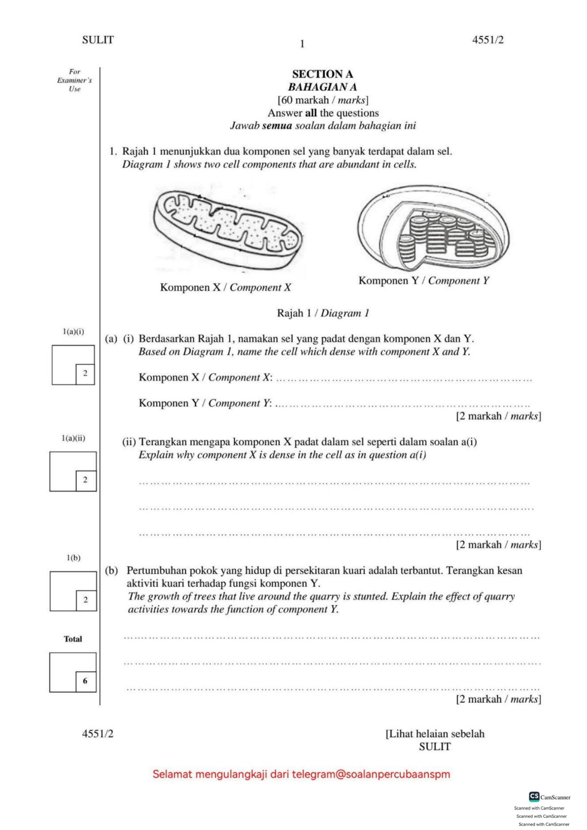 BAB 2 T4 Trial Biologi 2022 - SULIT 1 4551/2 For SECTION A Examiner's ...