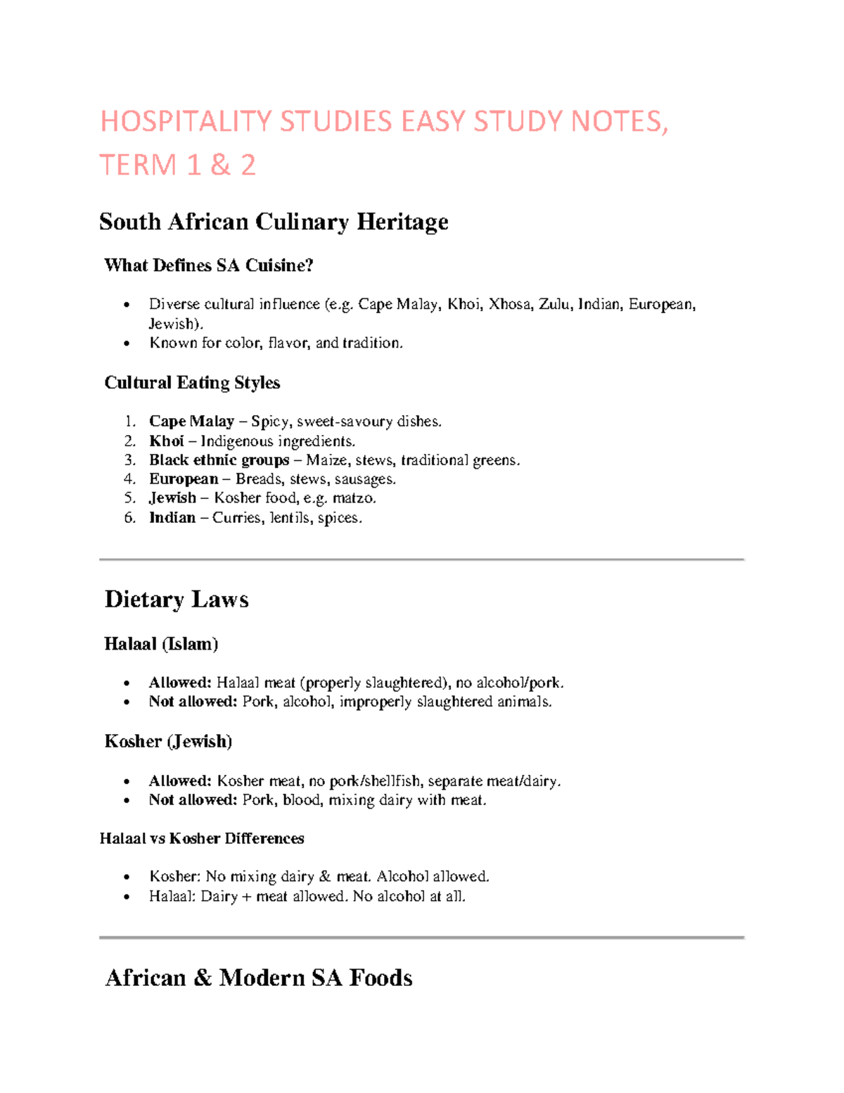 HOSPITALITY STUDIES TERM 1: SOUTH AFRICAN CULINARY HERITAGE NOTES - Studocu
