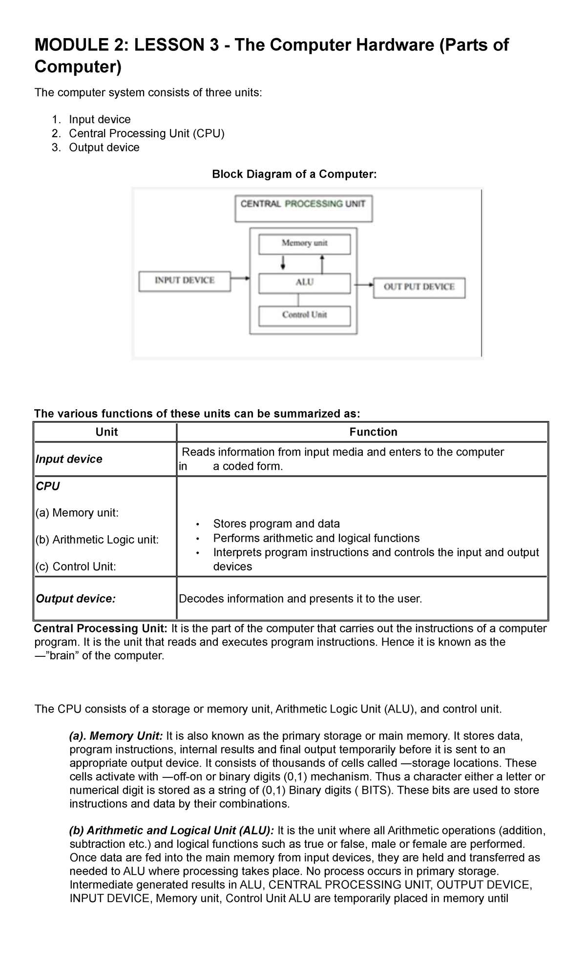 MODULE 2: LESSON 3 - Understanding Computer Hardware Components - Studocu