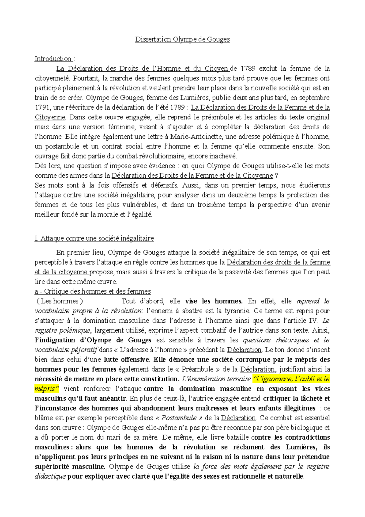 Dissertation sur Olympe de Gouges : Les mots comme armes pour les ...