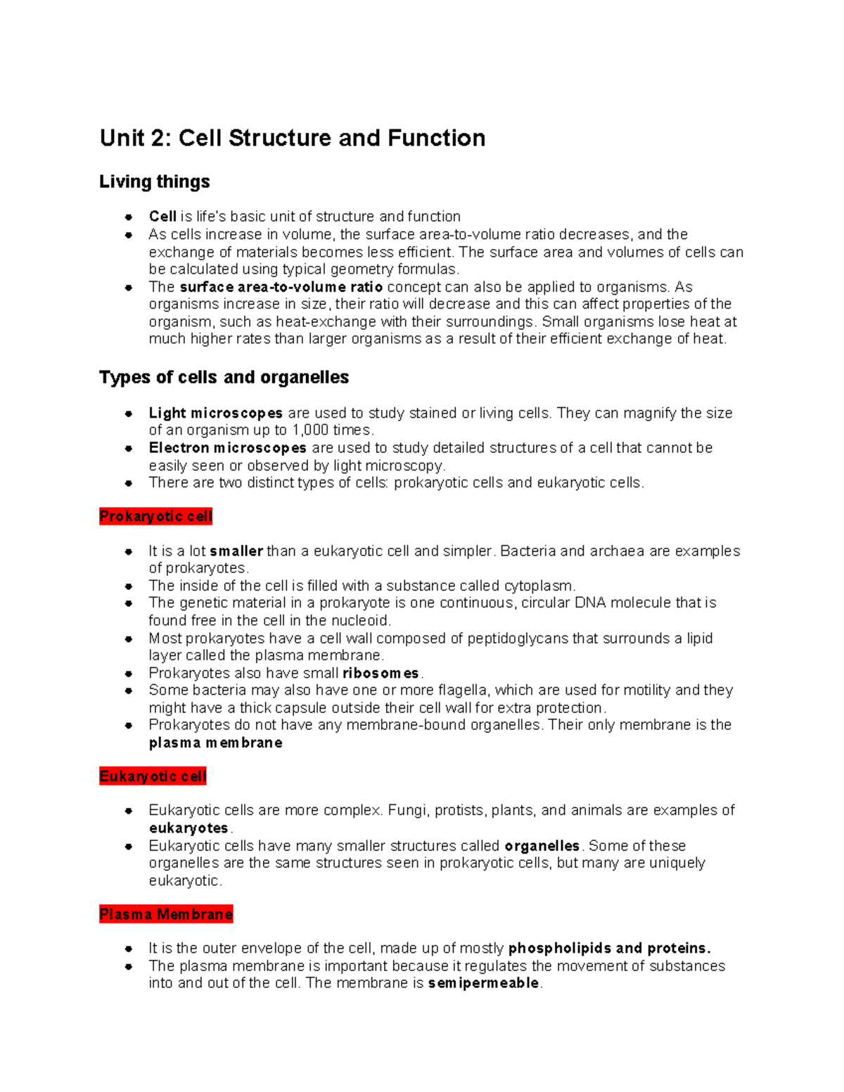 Cell Structure and Function Overview - Biology Unit 2 Notes - Studocu