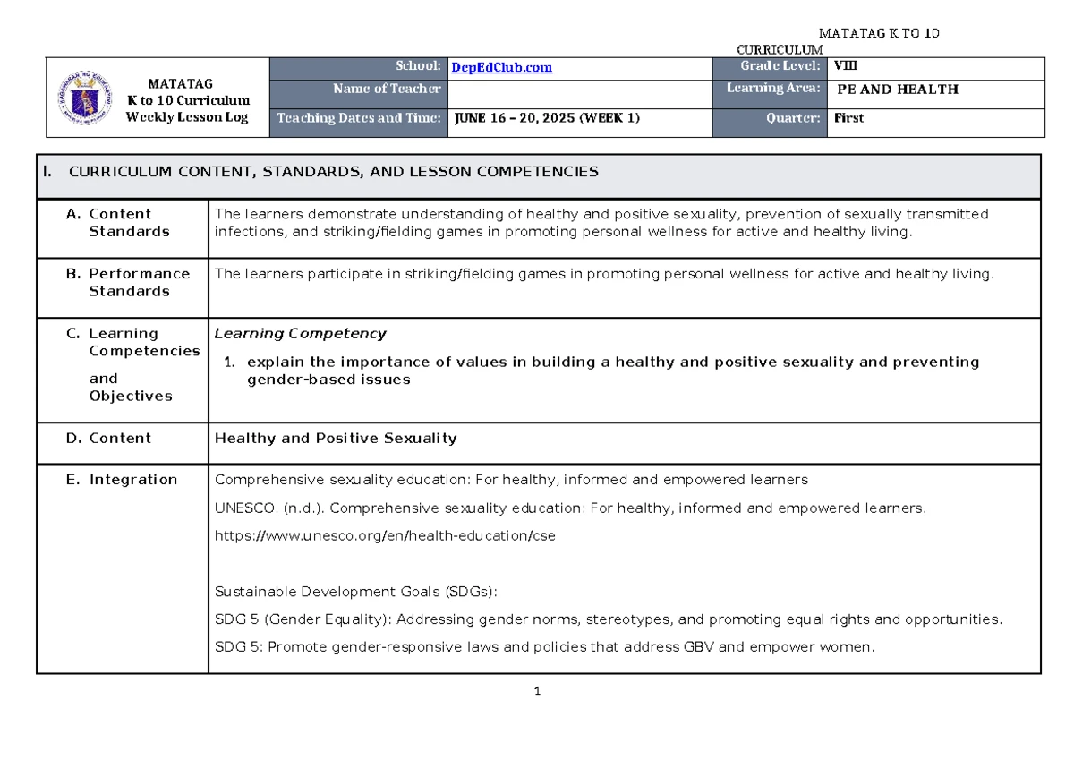 Q1 LE PE & Health 8 Lesson 5 Exemplar for Matatag Curriculum Implementation - Studocu