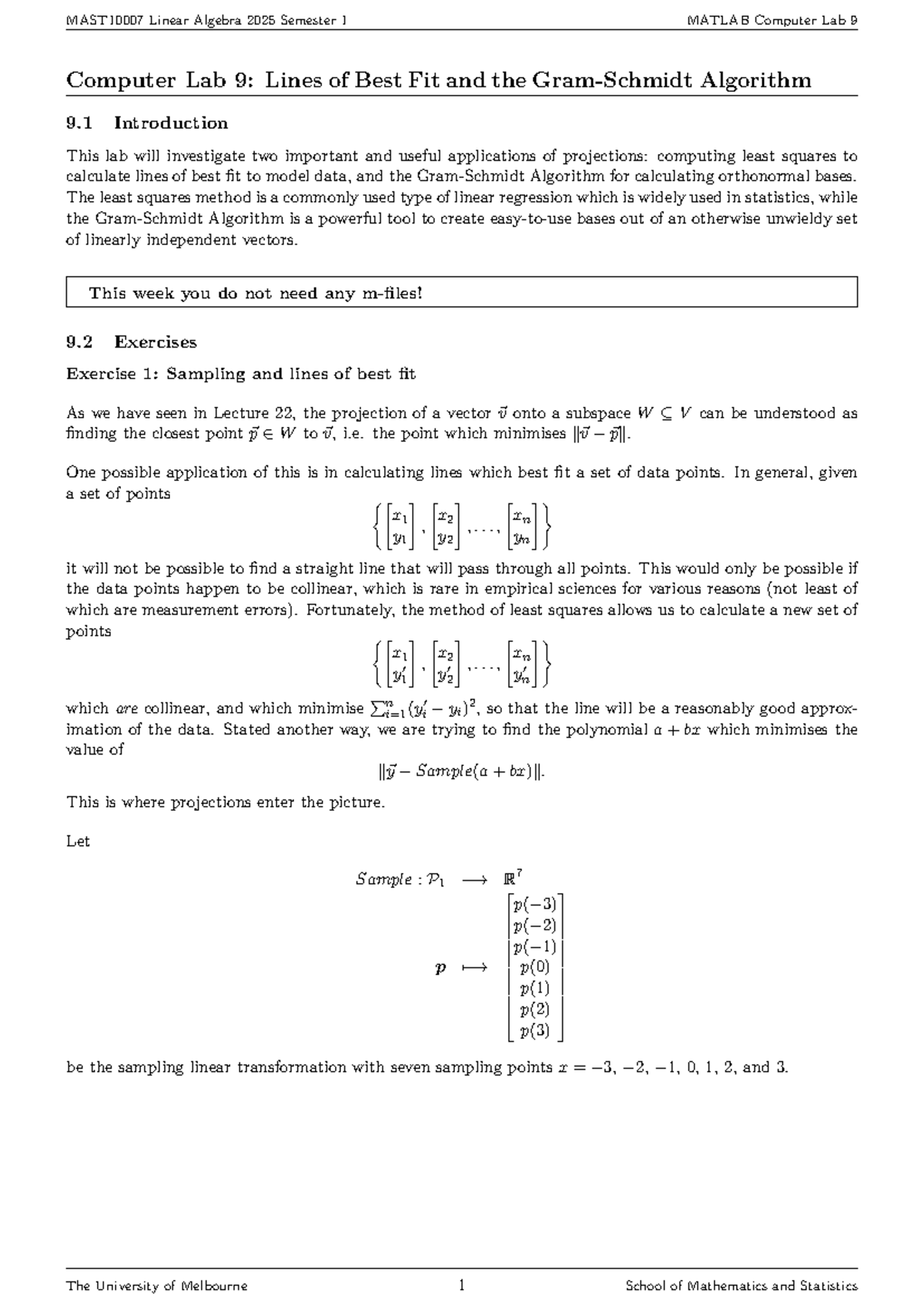 Linear Algebra 2025 S1 MATLAB Lab 9: Projections & Lines of Best Fit ...
