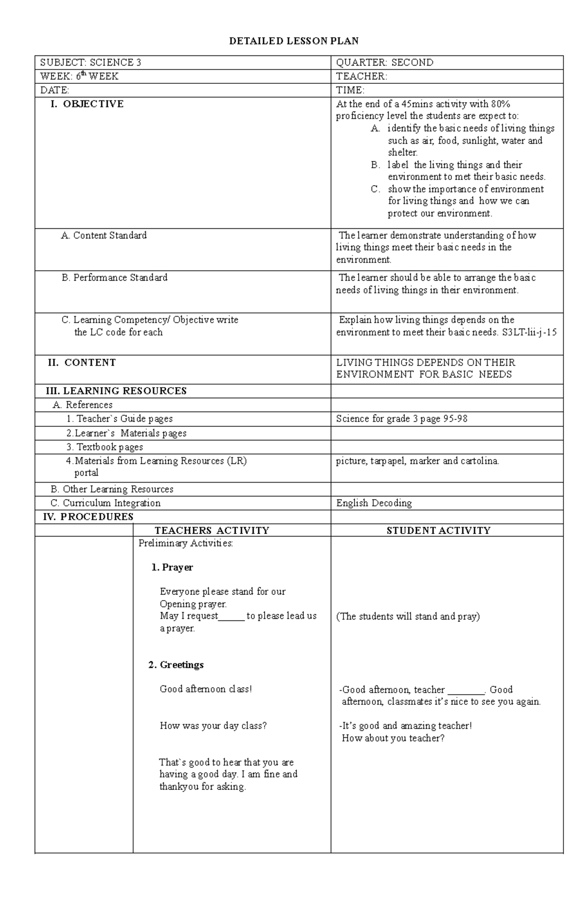 Detailed Lesson Plan: Science 3 - Basic Needs of Living Things - Studocu