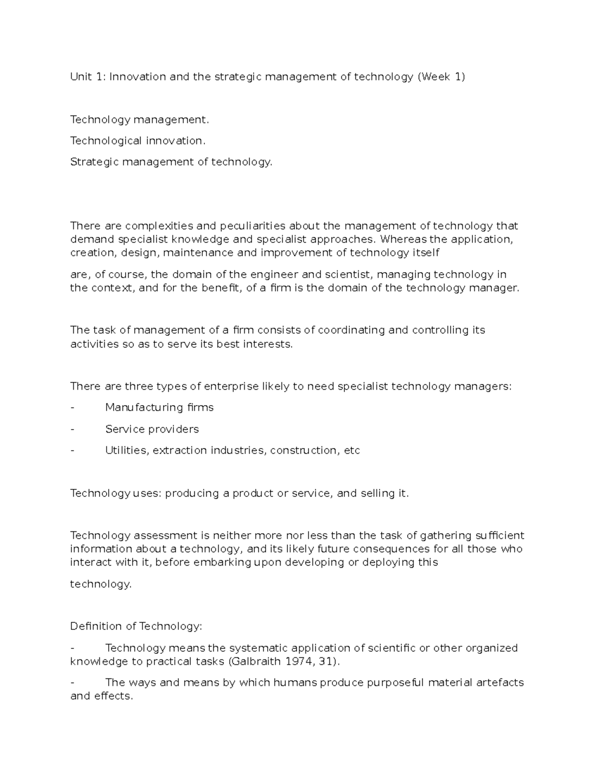 Unit 1: Strategic Management of Technology - Innovation Insights (6054 ...