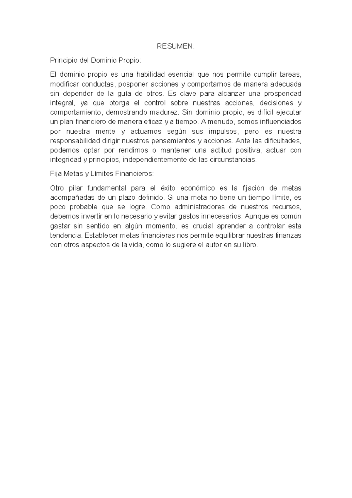 DHP2 Resumen: Principios y Metas del Dominio Propio en Finanzas - Studocu
