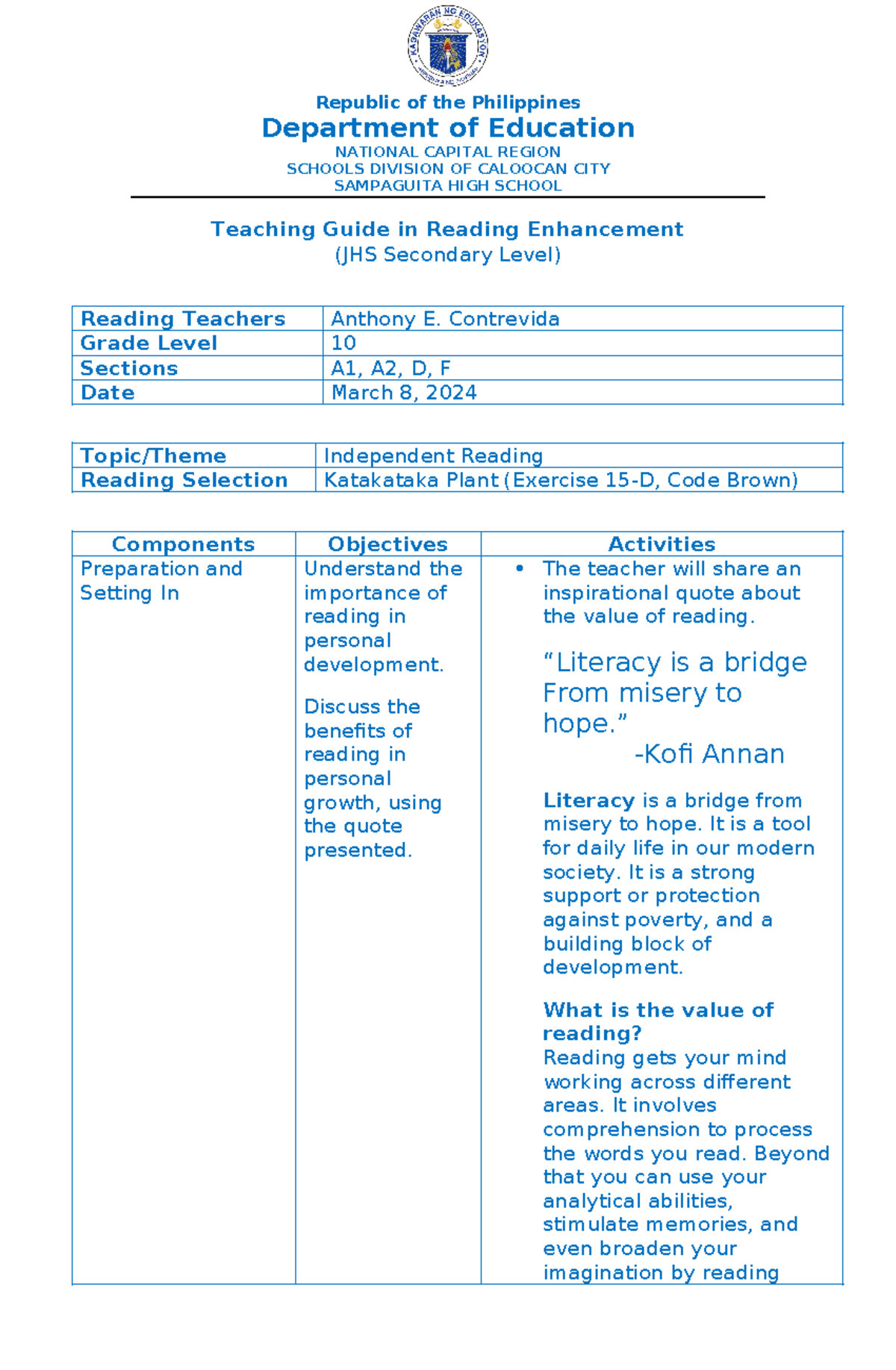 English 10 Catch Up Friday Teaching Guide Template 1 - Department of ...