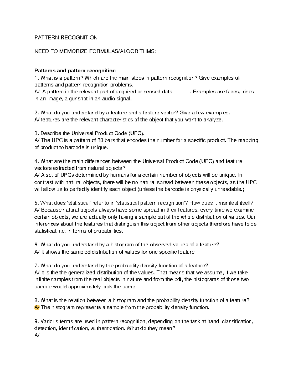 Example Exam questions and answers - PATTERN RECOGNITION NEED TO ...