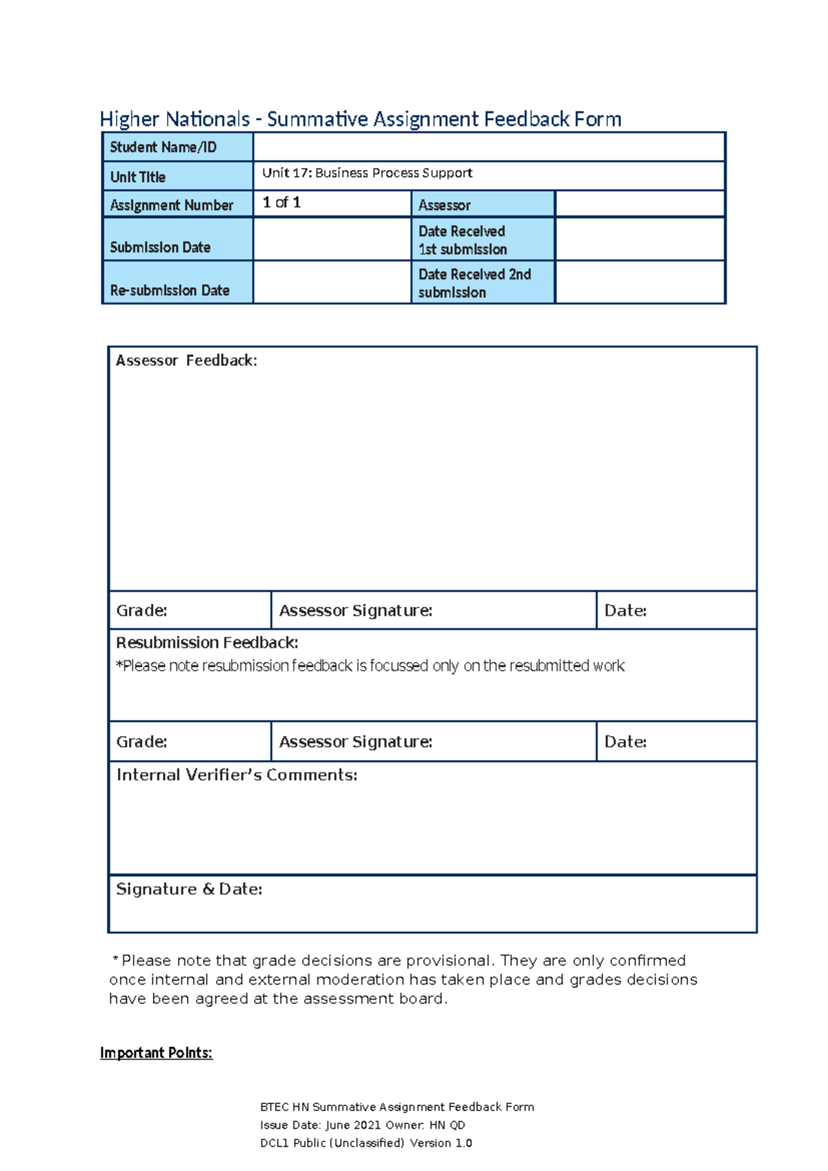 Unit 17: Business Process Support - Summative Assignment Feedback Form ...