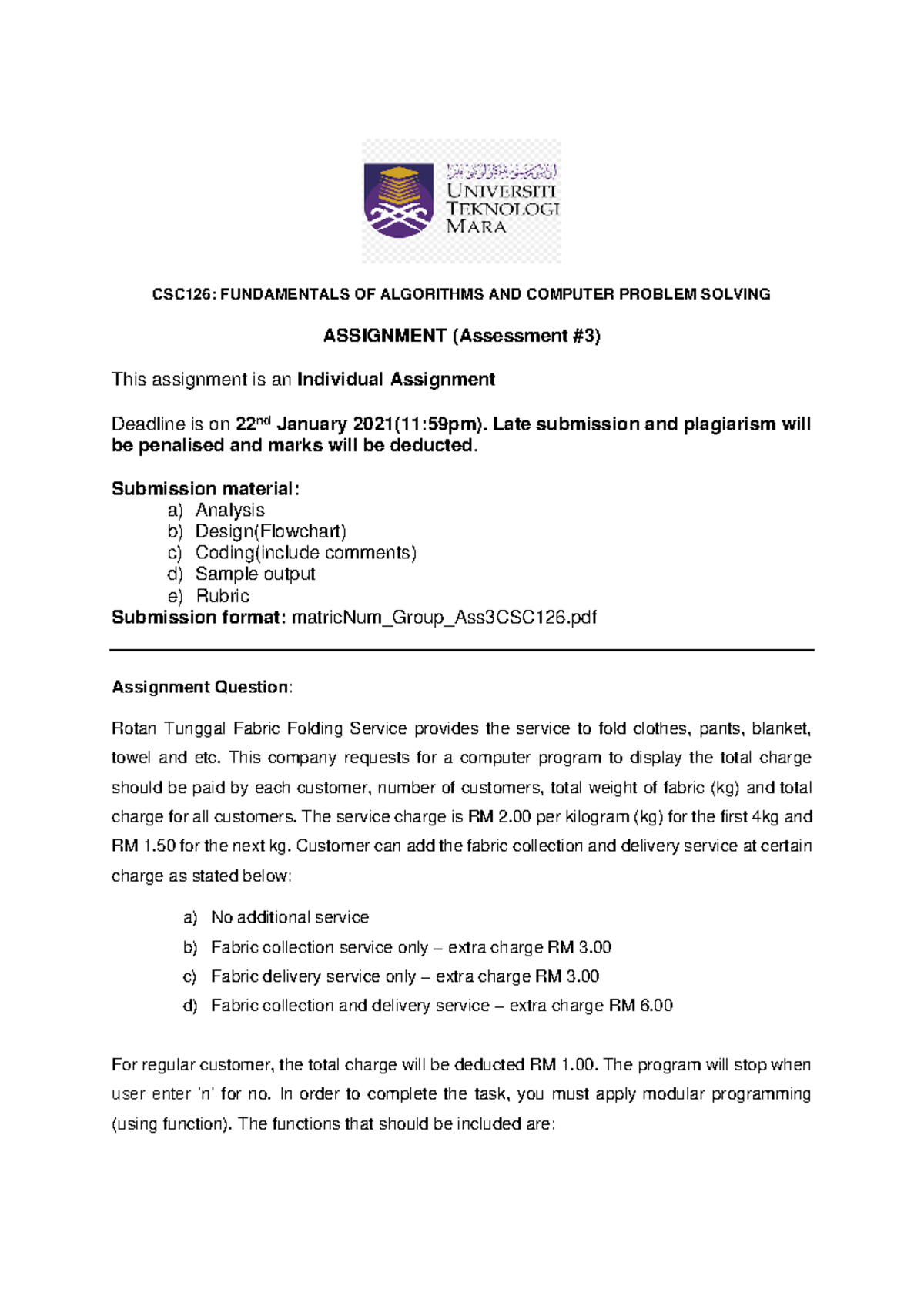 Individual Assignment CSC126 UITM Fundamental of Algorithm and Computer Problem Solving - CSC126 ...