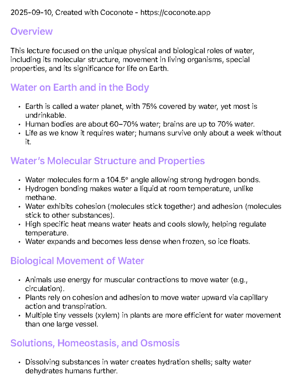 Water's Unique Properties and Roles: Lecture Notes (BIO101) - Studocu