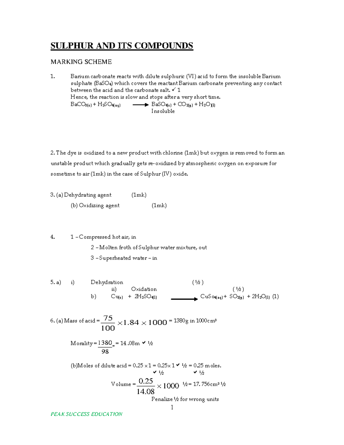 Sulphur and Its Compounds: Marking Scheme (CHEM 101) - Studocu