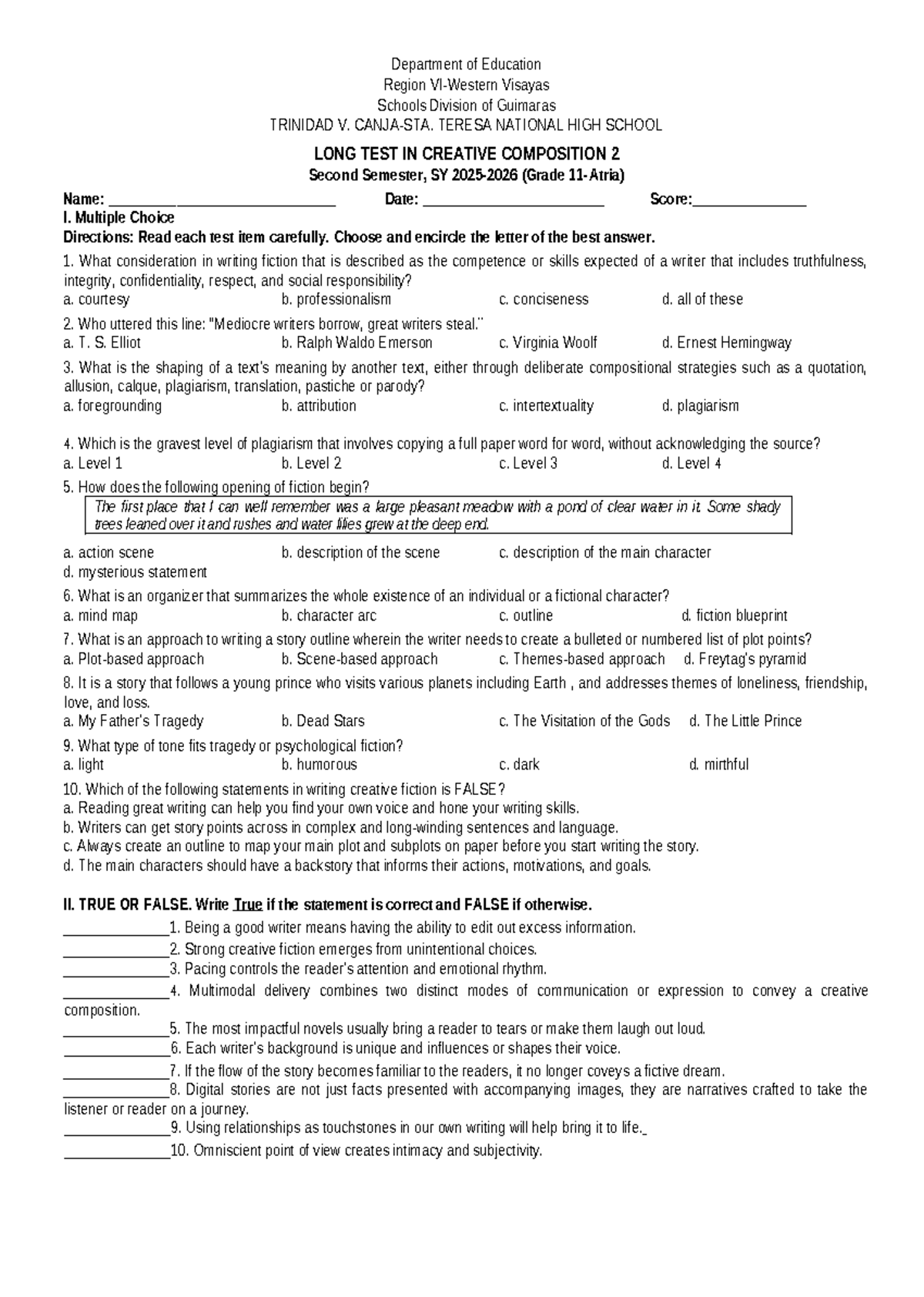 2nd Long Test in CC2: Creative Composition Insights and Questions - Studocu