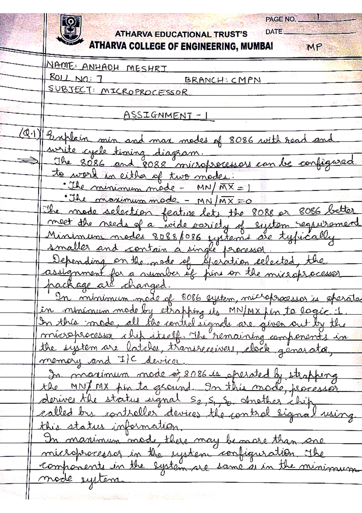 MP Assignment 1 - PAGE NO. 1 ATHARVA EDUCATIONAL DATE ATHARVA COLLEGE OF ENGINEERING, MUMBAI MP ...