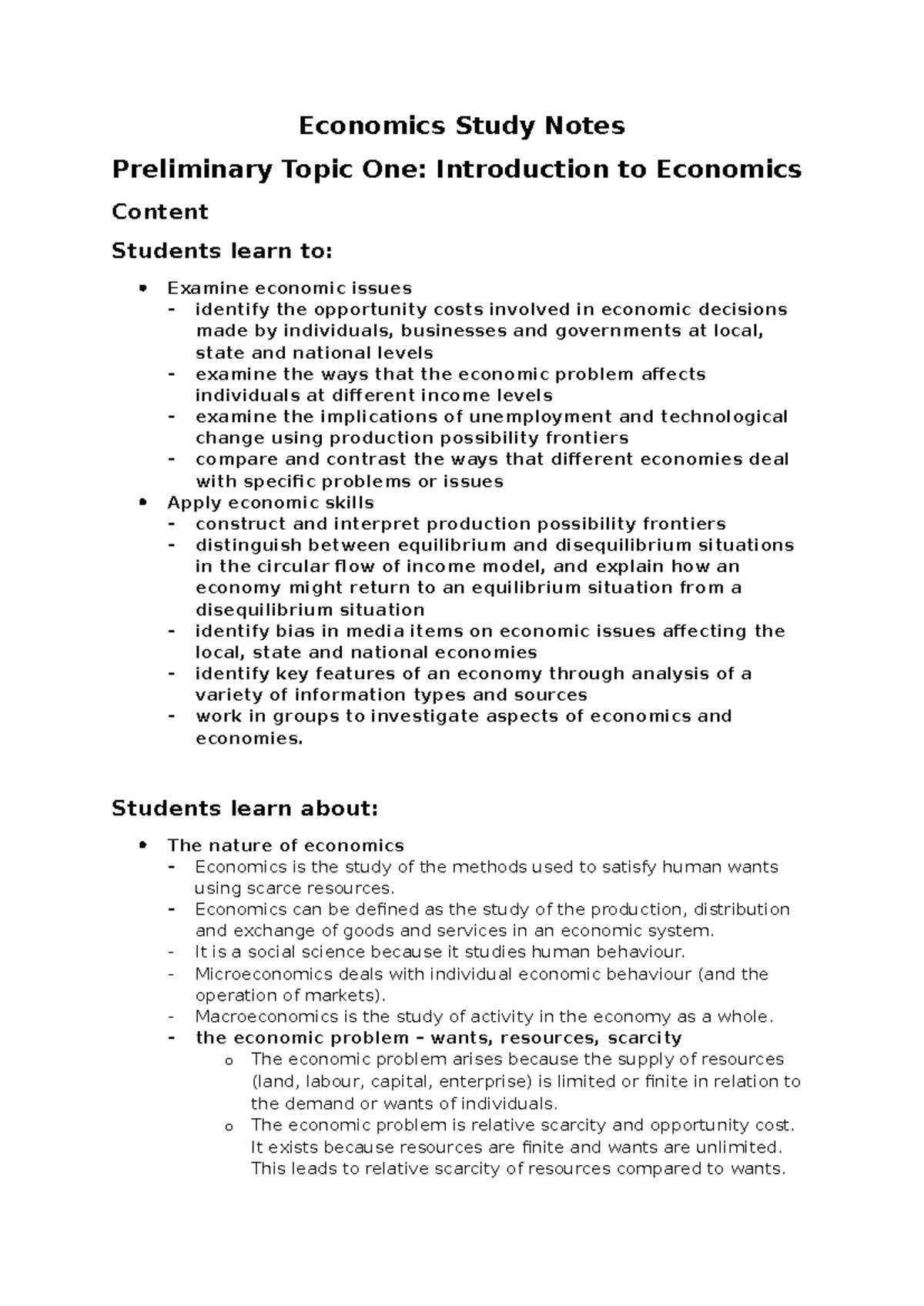 ECO101 Preliminary Study Notes: Intro to Economics Concepts - Studocu