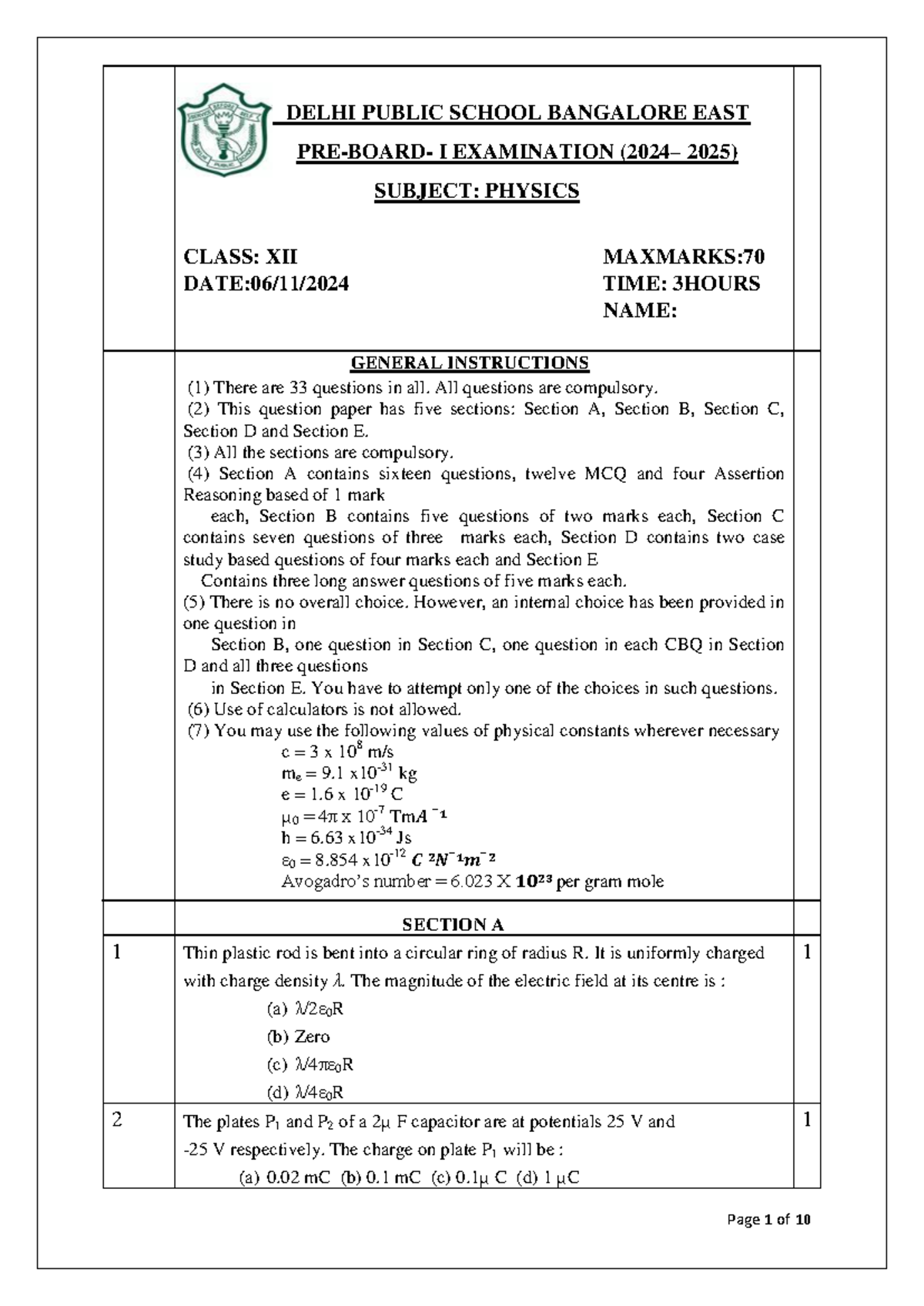 Physics Class XII Final Exam QP 2025 - Delhi Public School - Studocu