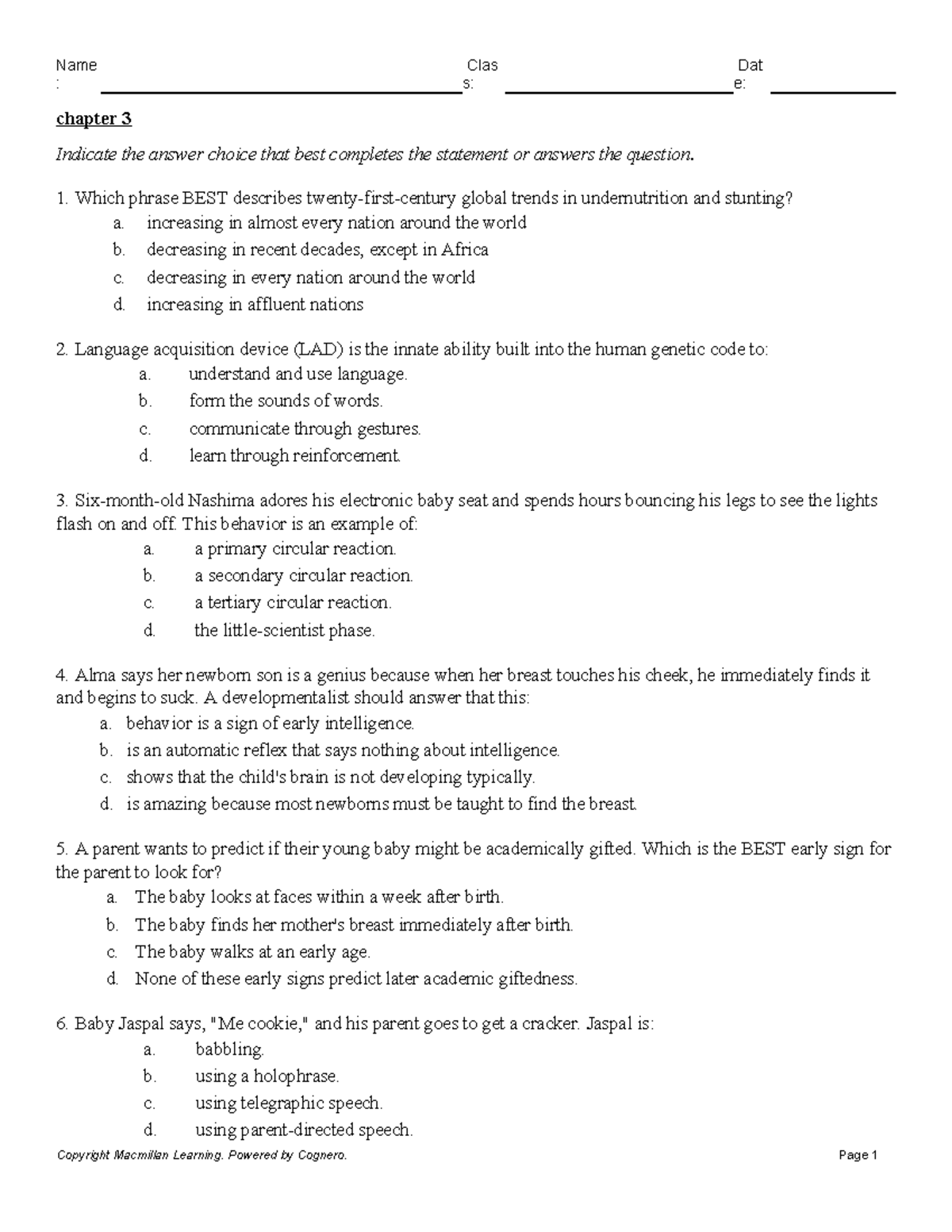 Chapter 3 - study guide - : s: e: chapter 3 Indicate the answer choice ...