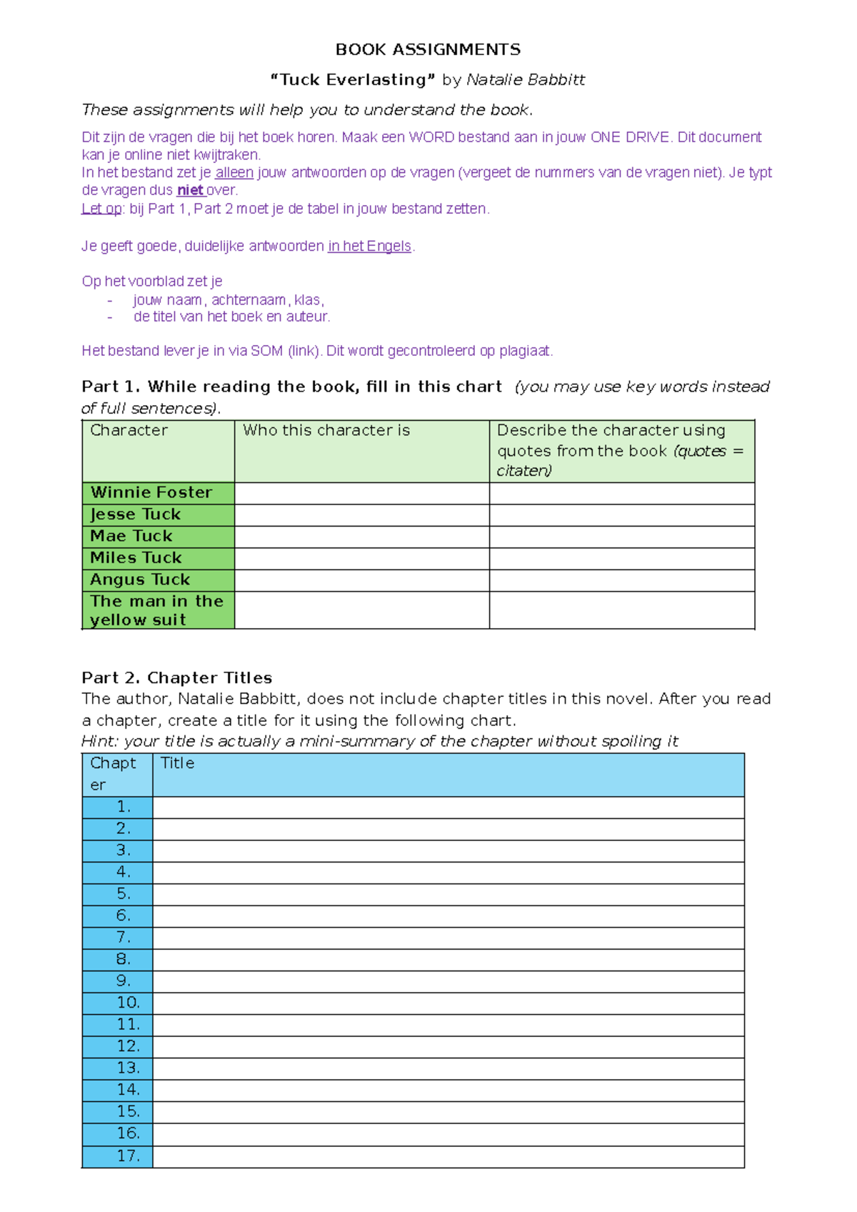 Assignments for "Tuck Everlasting" by Natalie Babbitt (Book Study ...