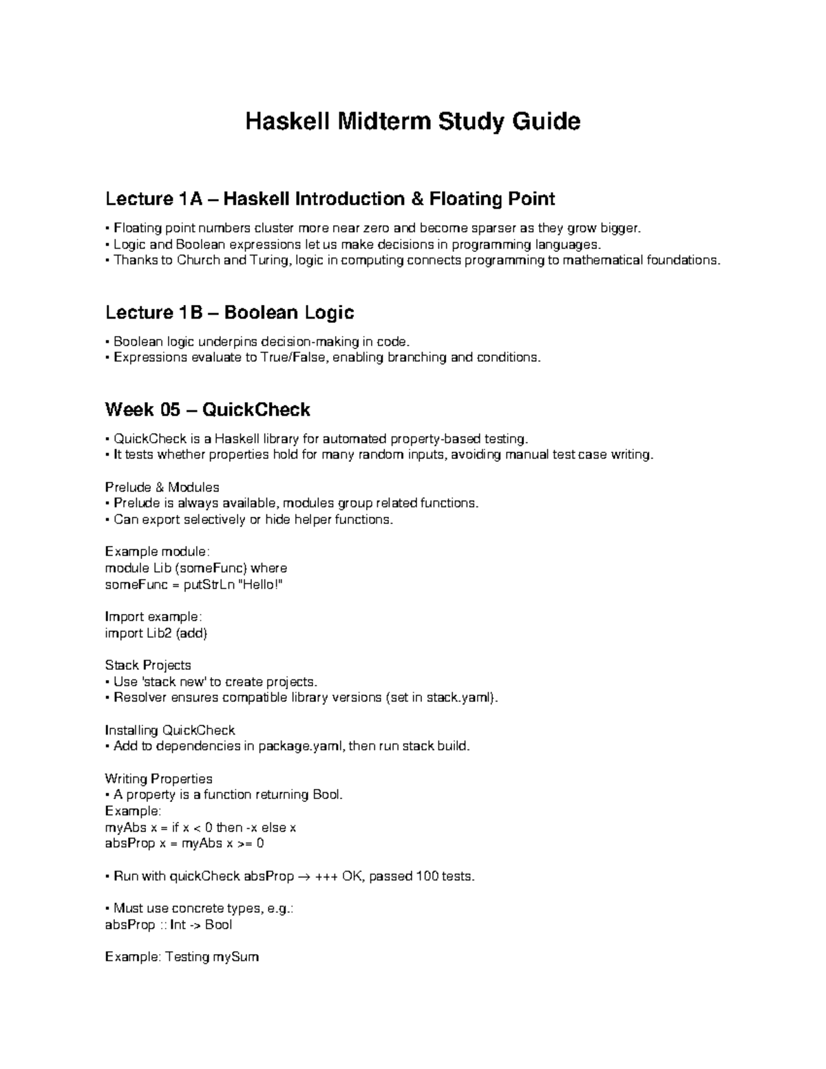 Haskell Midterm Study Guide: Key Concepts and Algorithms - Studocu