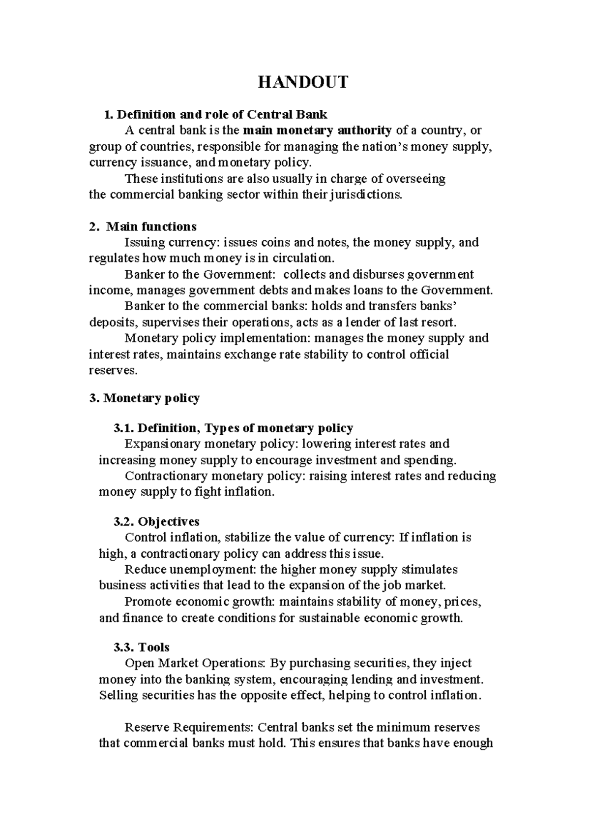 Central Bank Functions and Monetary Policy Overview Handout - Studocu