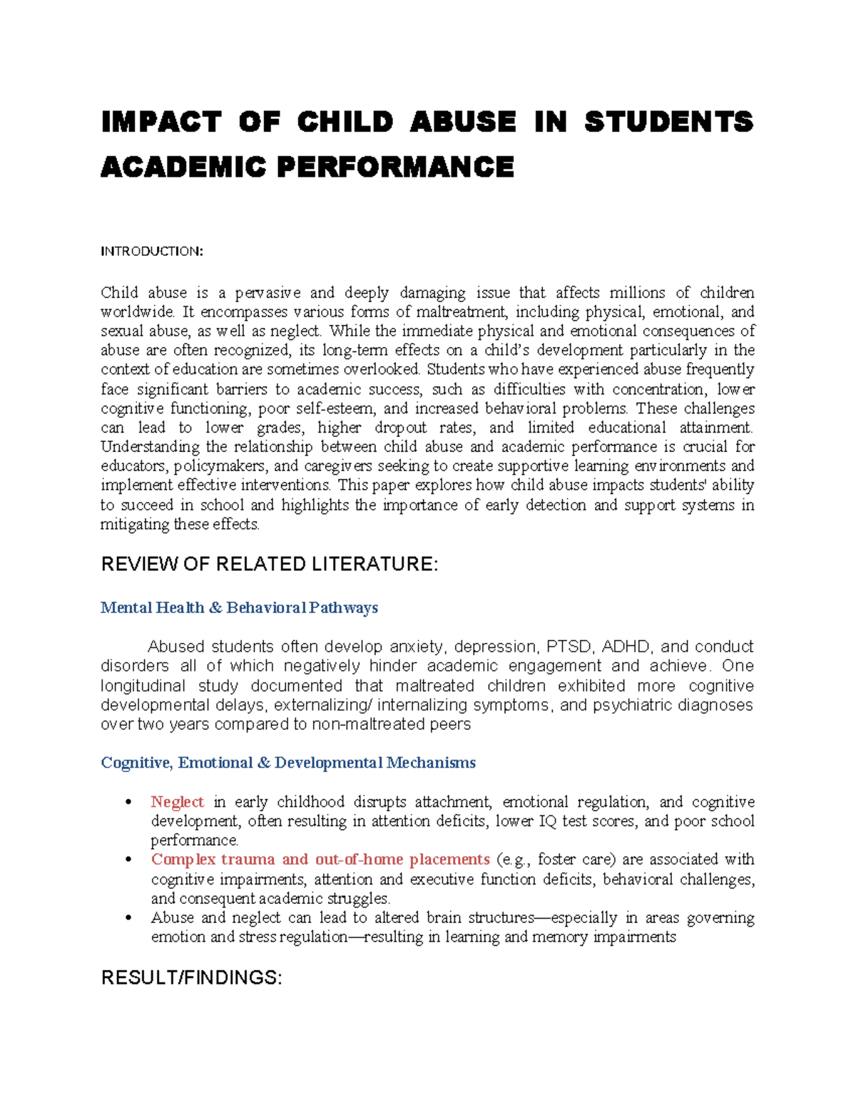 Impact of Child Abuse on Academic Performance: A Study Analysis - Studocu