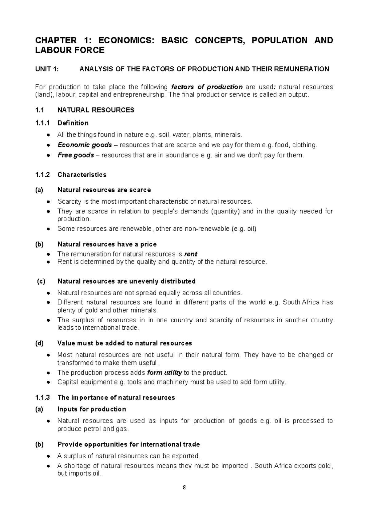 CHAPTER 1: ECONOMICS - FACTORS OF PRODUCTION & REMUNERATION - Studocu