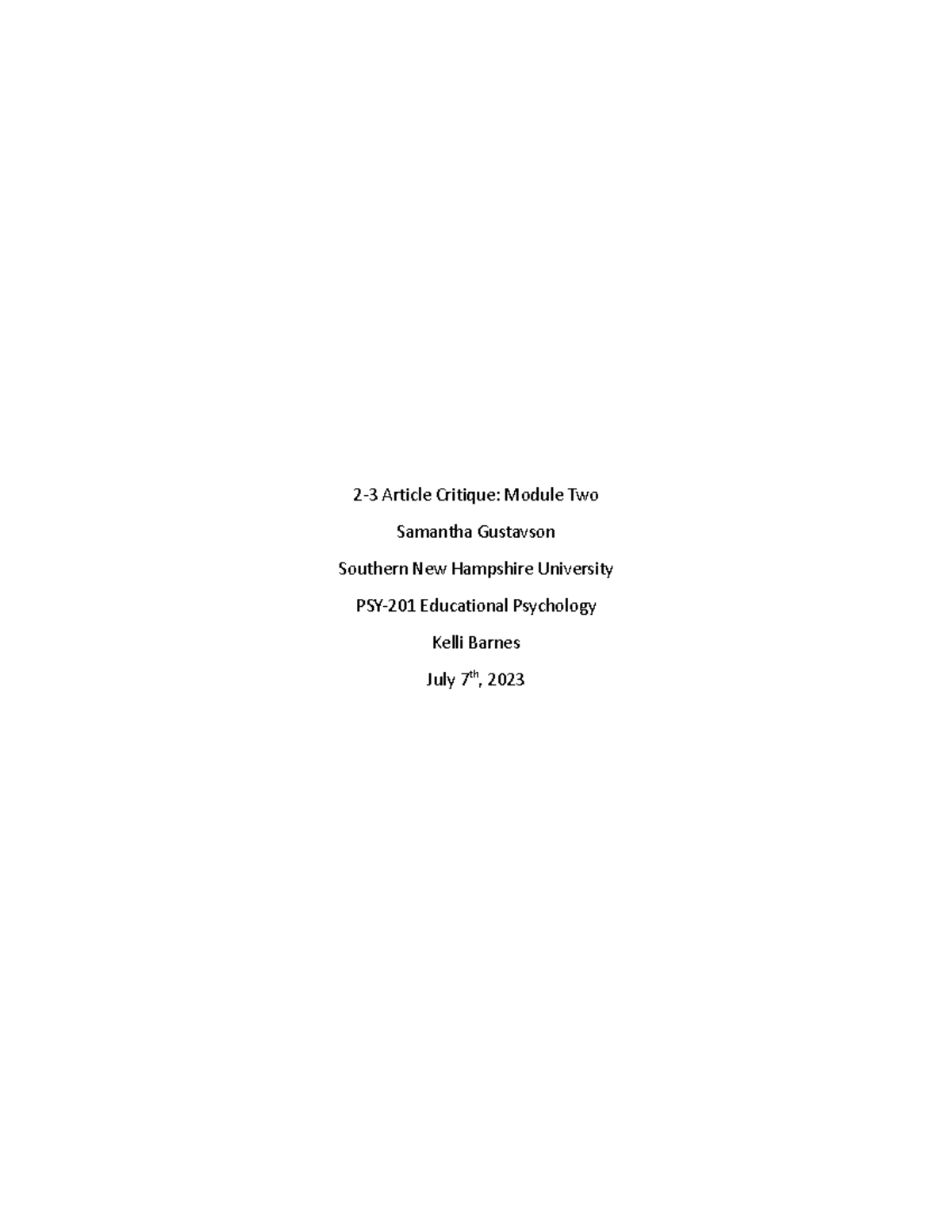 Module 2 Article Critique - 2-3 Article Critique: Module Two Samantha ...